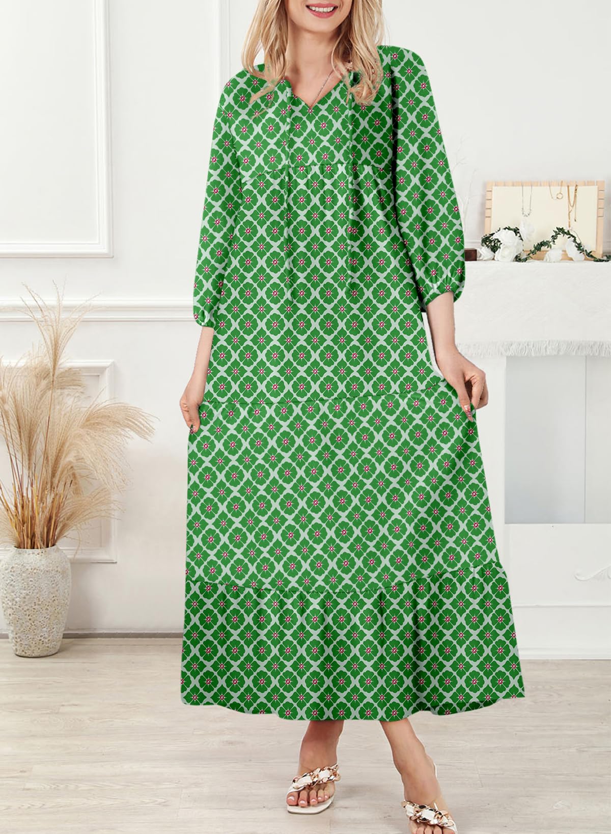 Dokotoo Womens Sundresses V Neck Boho Maxi Dress Puff Sleeve Long Dresses Ruffle A Line Flowy Beach Dresses X-Large Multicolor
