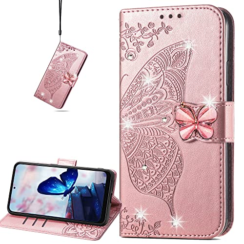 CCSmall for Oppo Find X6 Pro Wallet Case for Women Girls, Shiny Butterfly Flower PU Leather Cover with Card Slot Holder Flip Phone Case for Oppo Find X6 Pro Rhinestone Rose Gold