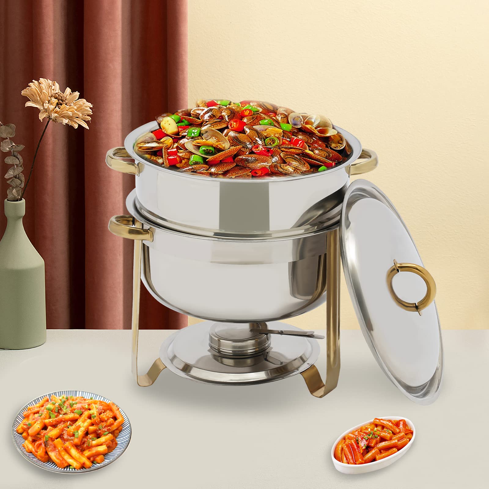 201 Stainless Steel chafing dish, 14.2 Qt Deluxe Round Gold Accent Soup Chafer, Chafing Dish Buffet Set for parties, catering, buffets, 15.35 * 15.75inch