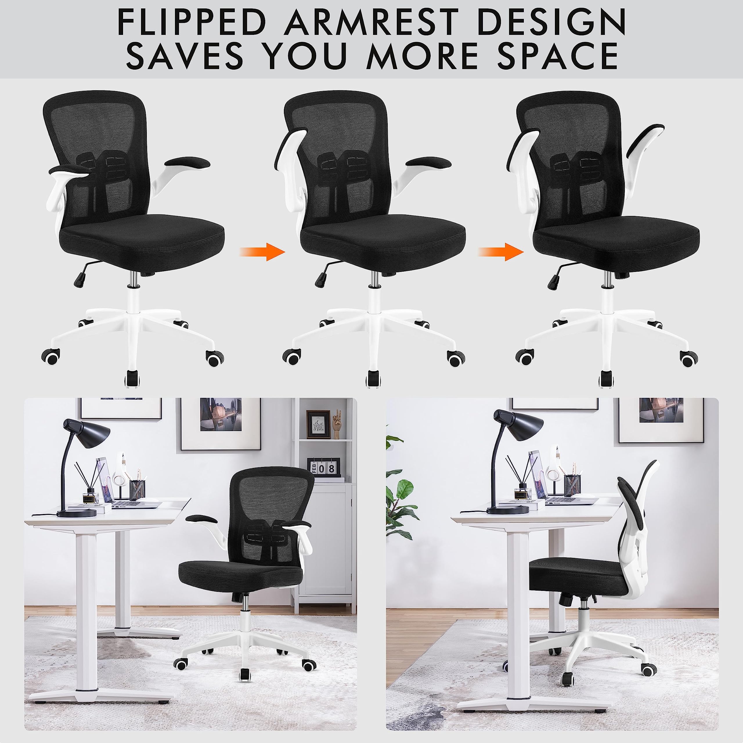 Yaheetech Ergonomic Office Chair, Swivel Task Chair with Adjustable Lumbar Support, Mid Back Mesh Computer Chair with Flip-up Armrests Padded Task Chairs, Executive Chair for Home Office White