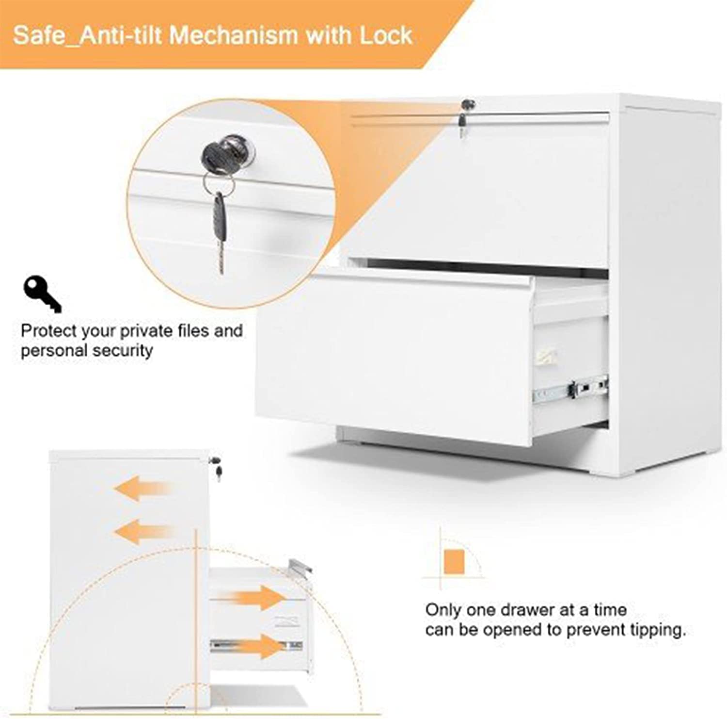JAORD 2 Drawer Metal Lateral File Cabinet,Lateral Filing Cabinet with Lock for Hanging Letter&F4&A4&Legal Size Folders for Home Office, Assemble Required, White