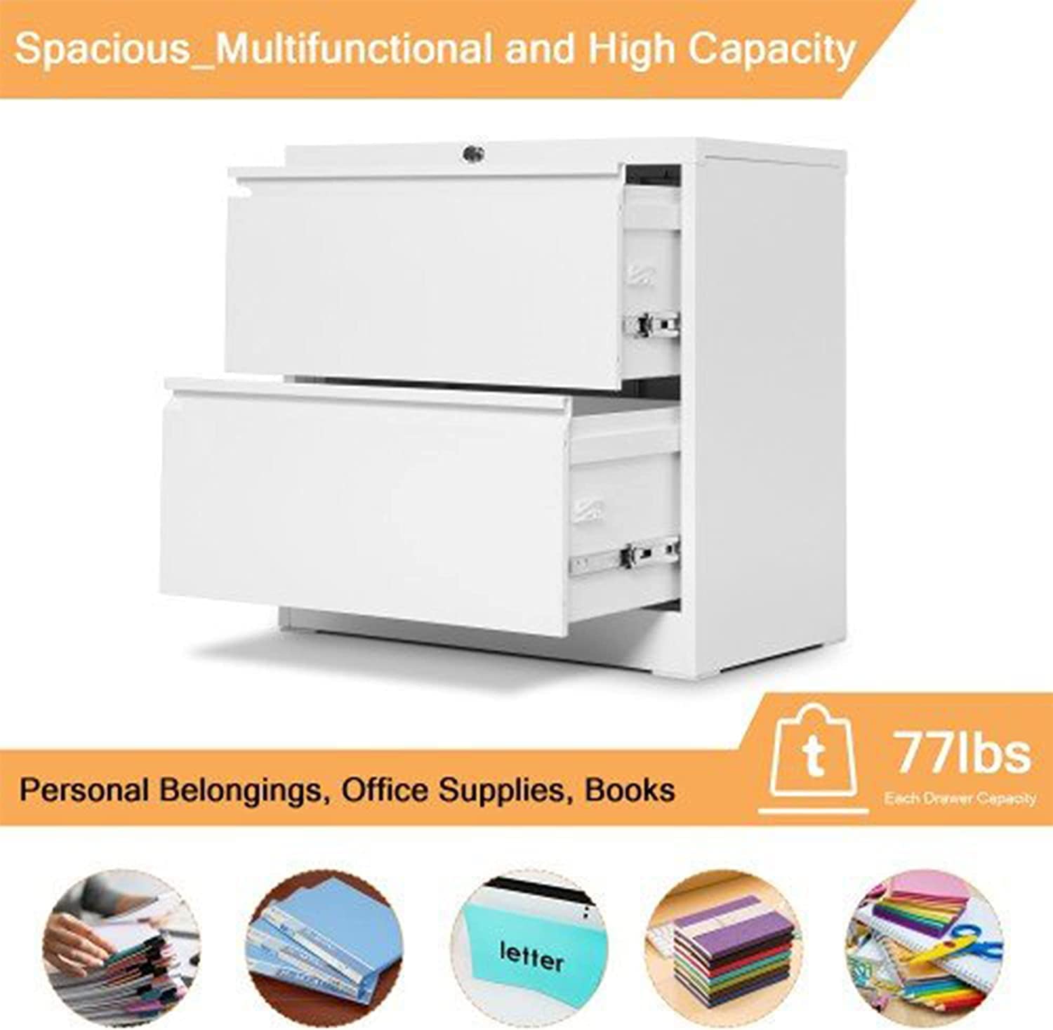 JAORD 2 Drawer Metal Lateral File Cabinet,Lateral Filing Cabinet with Lock for Hanging Letter&F4&A4&Legal Size Folders for Home Office, Assemble Required, White