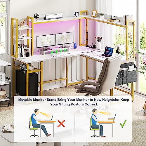 Aheaplus L Shaped Desk with Power Outlet, L Shaped Gaming Desk with Led Light & Hutch, Reversible Home Office Desk, Corner Computer Desk Writing Desk with Monitor Stand & Storage Shelf, White+Gold