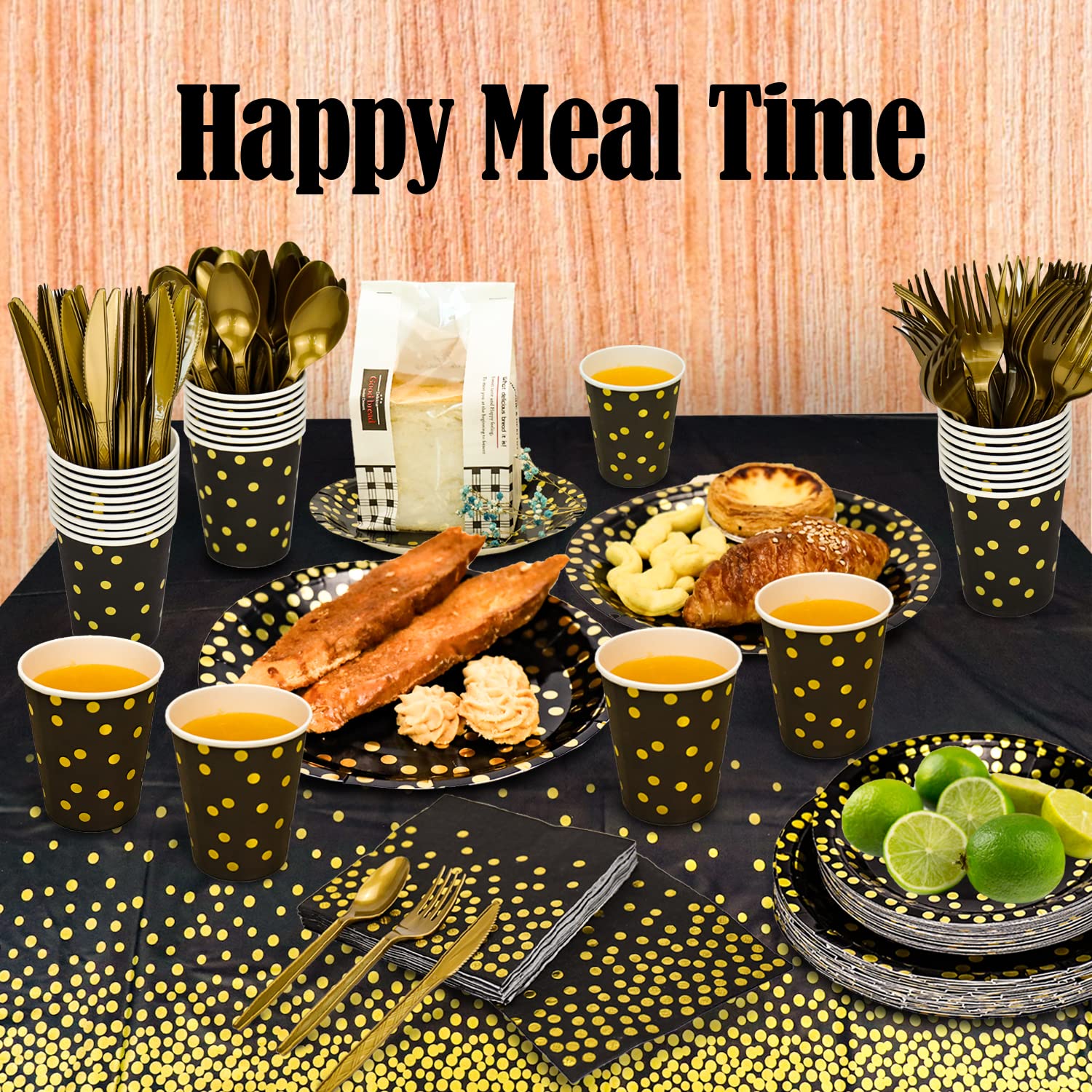 350 Pieces Gold Disposable Party Dinnerware Set &Golden Dot Disposable Party Dinnerware - Black Paper Plates Napkins Cups, Gold Plastic Forks Knives Spoons