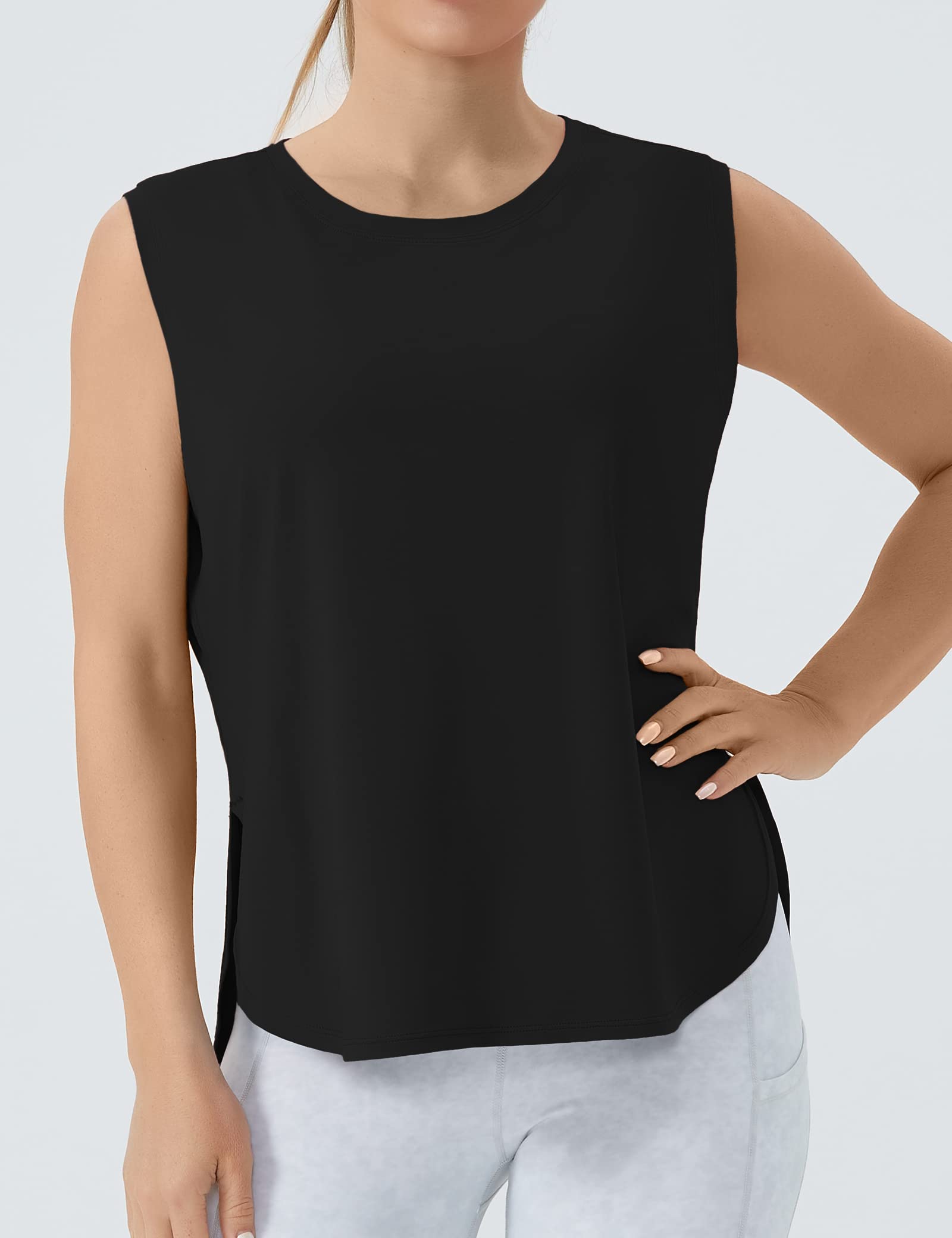 THE GYM PEOPLE Women's Workout Tank Tops Loose Fit Sleeveless Cotton Running Shirts Black