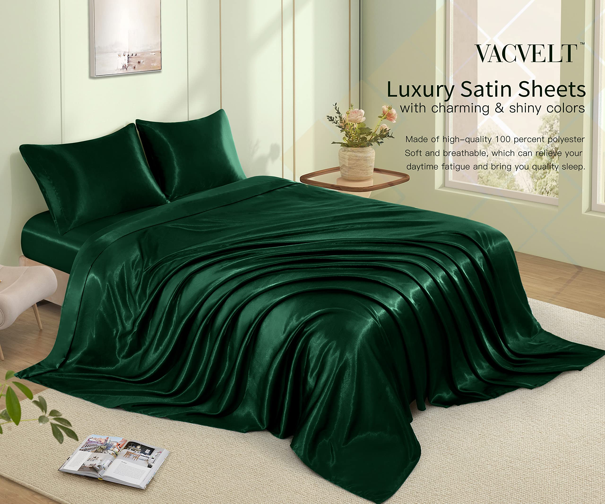 VACVELT 3pcs Emerald Green Satin Sheets Twin Size Bed Set, 15 Inch Deep Pocket Silky Satin Sheet Set, Soft Satin Bedding Set Cooling & Luxury Bed Sheets, 1 Fitted Sheet + 1 Flat Sheet + 1 Pillowcase