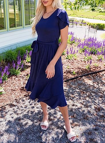 Dokotoo Womens 2023 Summer Spring Dresses Casual Wrap Round Neck Short Puff Sleeve Belt A-Line Ruffle Hem Formal Midi Dress Blue Medium