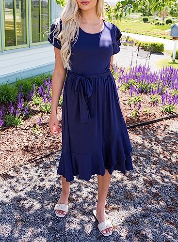 Dokotoo Womens 2023 Summer Spring Dresses Casual Wrap Round Neck Short Puff Sleeve Belt A-Line Ruffle Hem Formal Midi Dress Blue Medium