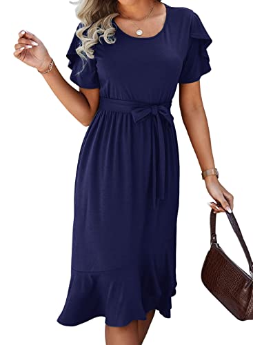 Dokotoo Womens 2023 Summer Spring Dresses Casual Wrap Round Neck Short Puff Sleeve Belt A-Line Ruffle Hem Formal Midi Dress Blue Medium