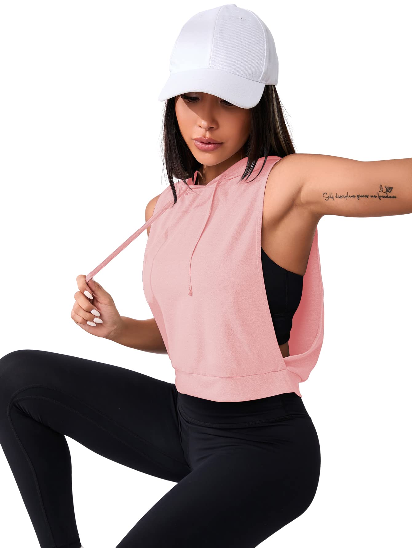 SweatyRocks Women's Sleeveless Workout Top Hooded Activewear Crop Tank Top Open Side Shirt for Athletic Exercise Running Light Pink S