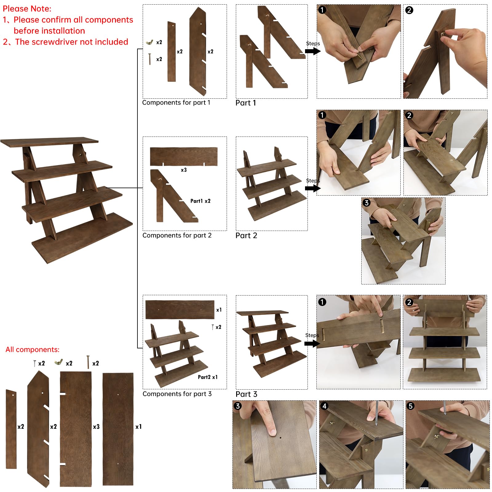 ZYP 4 Tier Wood Cupcake Display Stand Tool Free Retail Cookie Display Riser,Rustic Tiered Table Display Stand for Vendors Home Wedding Party,Brown