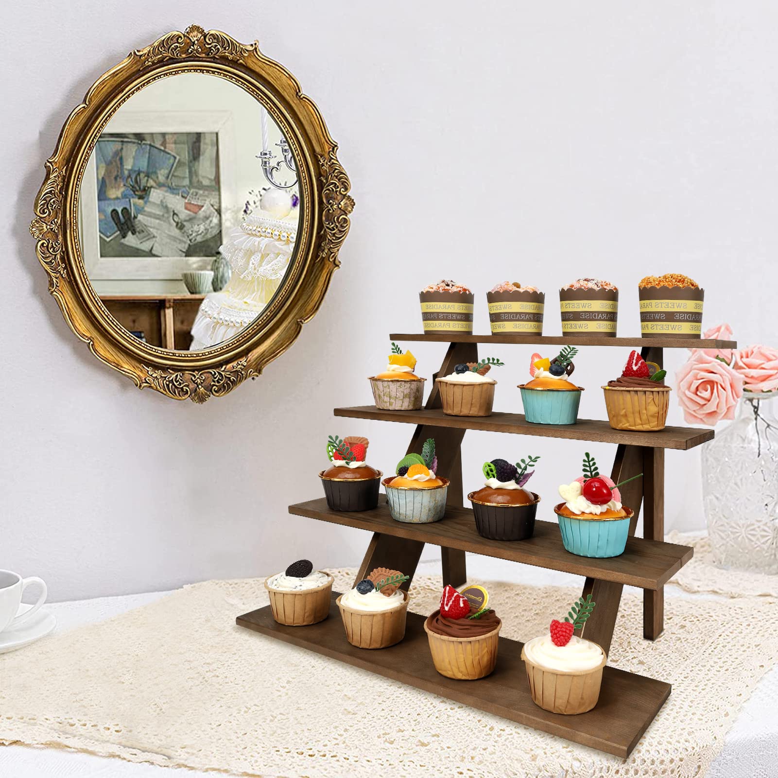 ZYP 4 Tier Wood Cupcake Display Stand Tool Free Retail Cookie Display Riser,Rustic Tiered Table Display Stand for Vendors Home Wedding Party,Brown