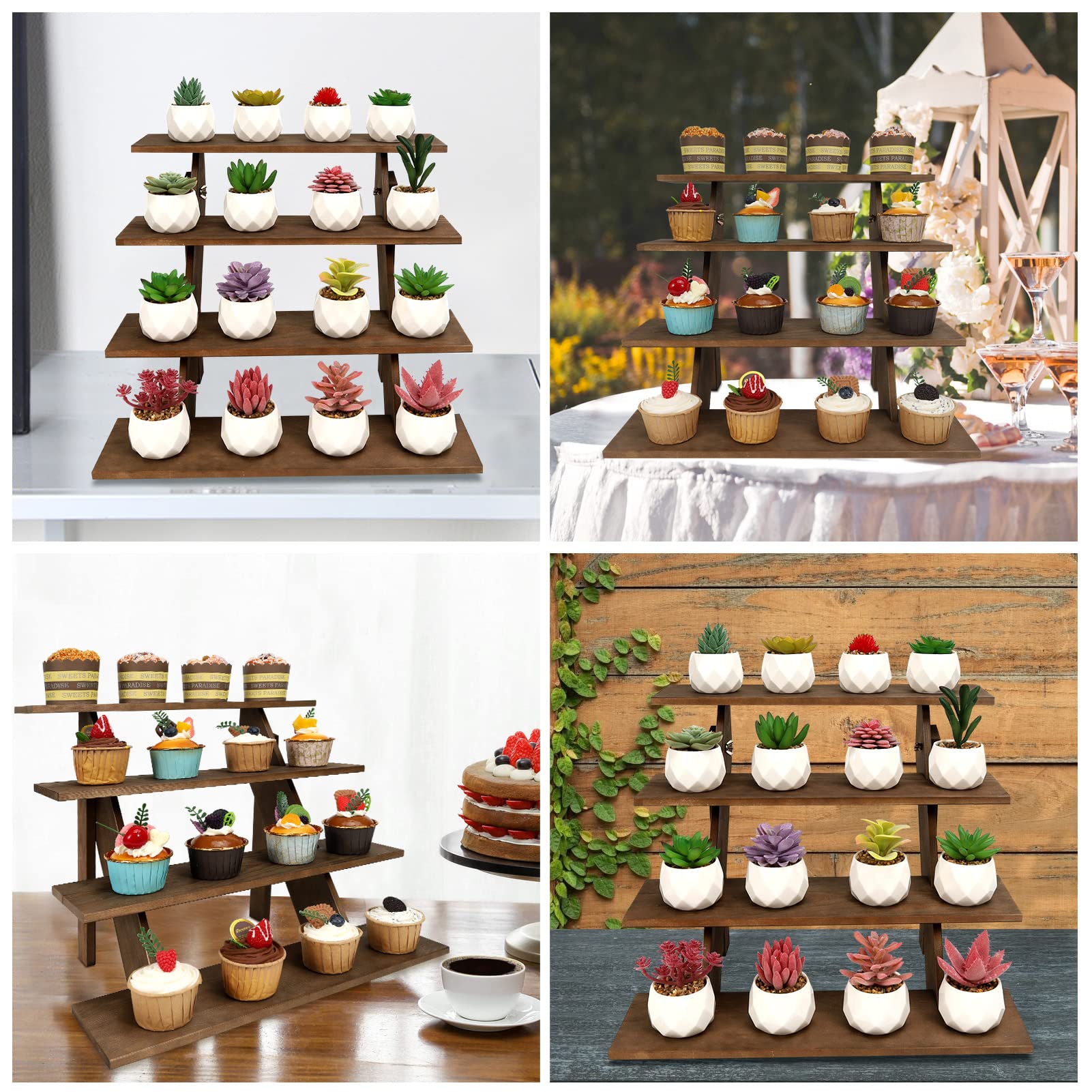 ZYP 4 Tier Wood Cupcake Display Stand Tool Free Retail Cookie Display Riser,Rustic Tiered Table Display Stand for Vendors Home Wedding Party,Brown