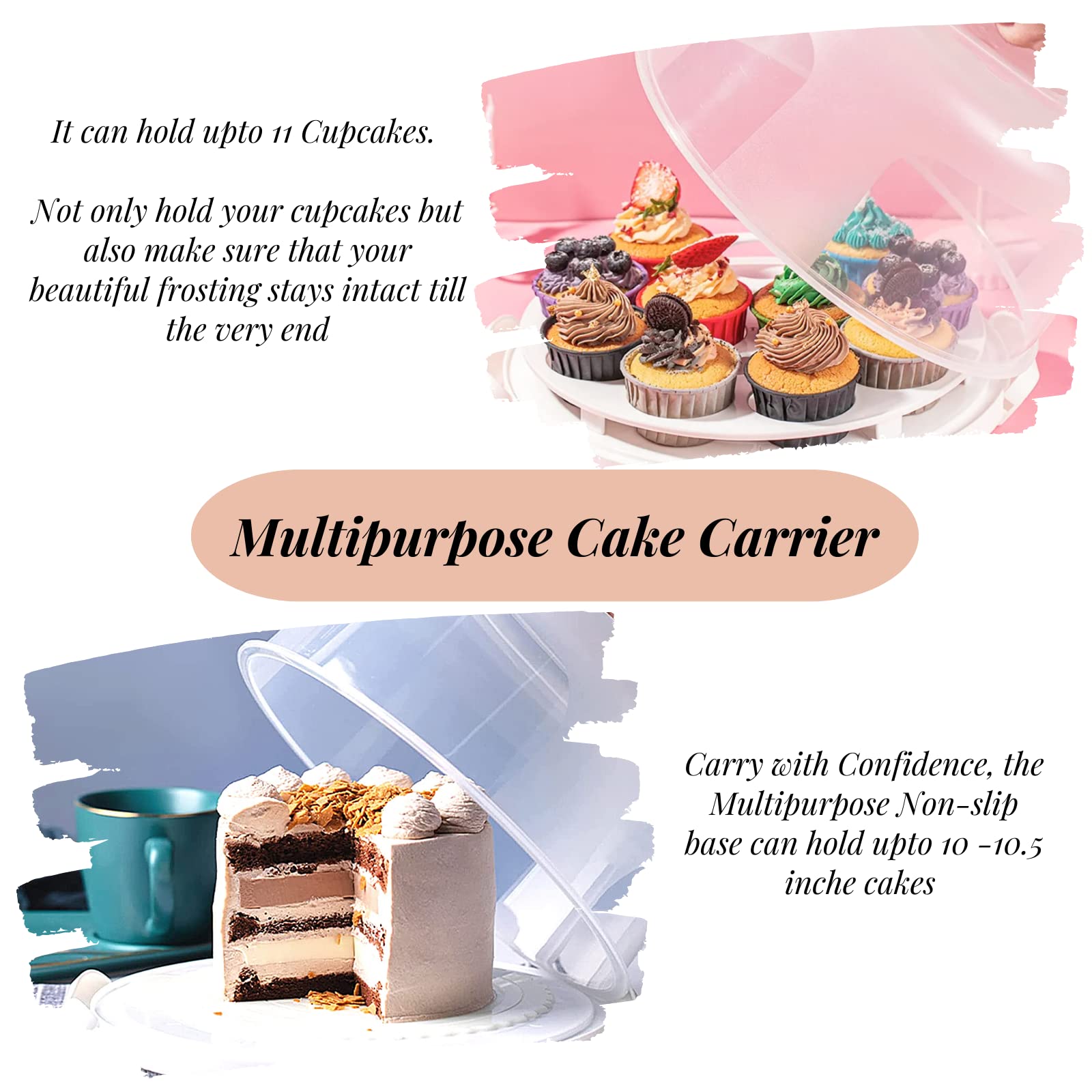 Cake Carrier With Lid and Handle β 3 In 1 Multipurpose Cake Storage Container Hold Upto 11 Cupcakes, 10 Inched Cake & 5 Section Serving Tray for Snacks & Fruit β Cake Holder With Mittens