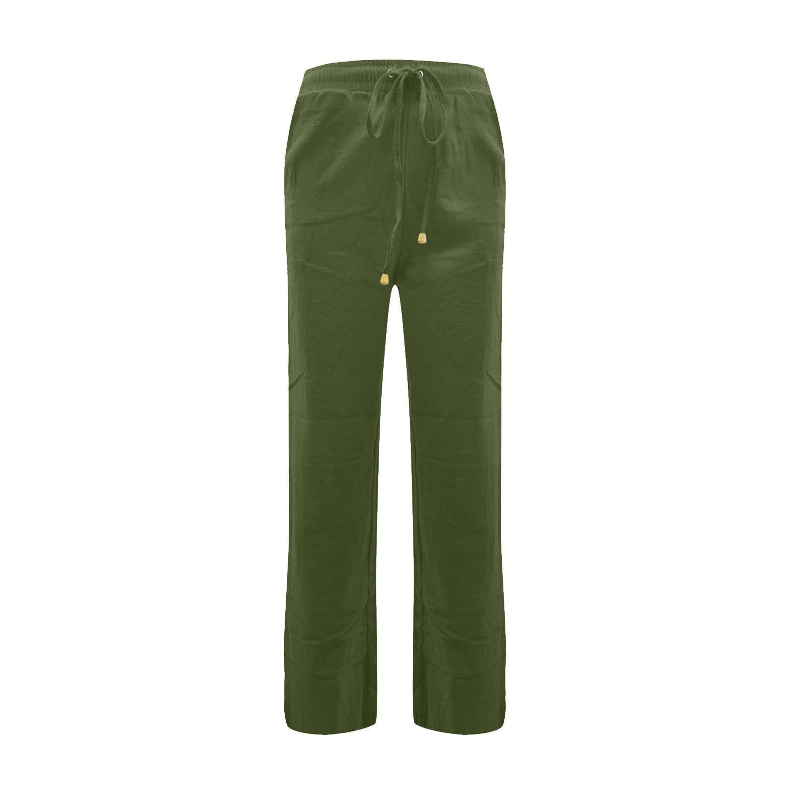 Work Pants for Women Construction, Slacks Black Pants Women's Office Clothes Casual Cotton and Linen Solid Drawstring Elastic Waist Long Straight Pants Dress Crop Wide Pants High (XL, Green)