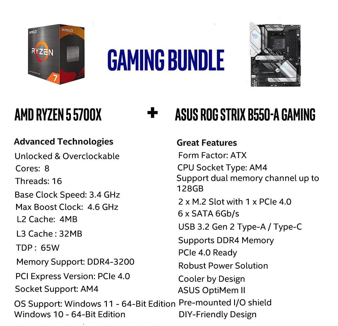 INLAND AMD Ryzen 7 5700X 8-Core 16-Thread Unlocked Desktop Processor with ASUS ROG Strix B550-A AMD AM4 Zen 3 Ryzen 5000 ATX Gaming Motherboard