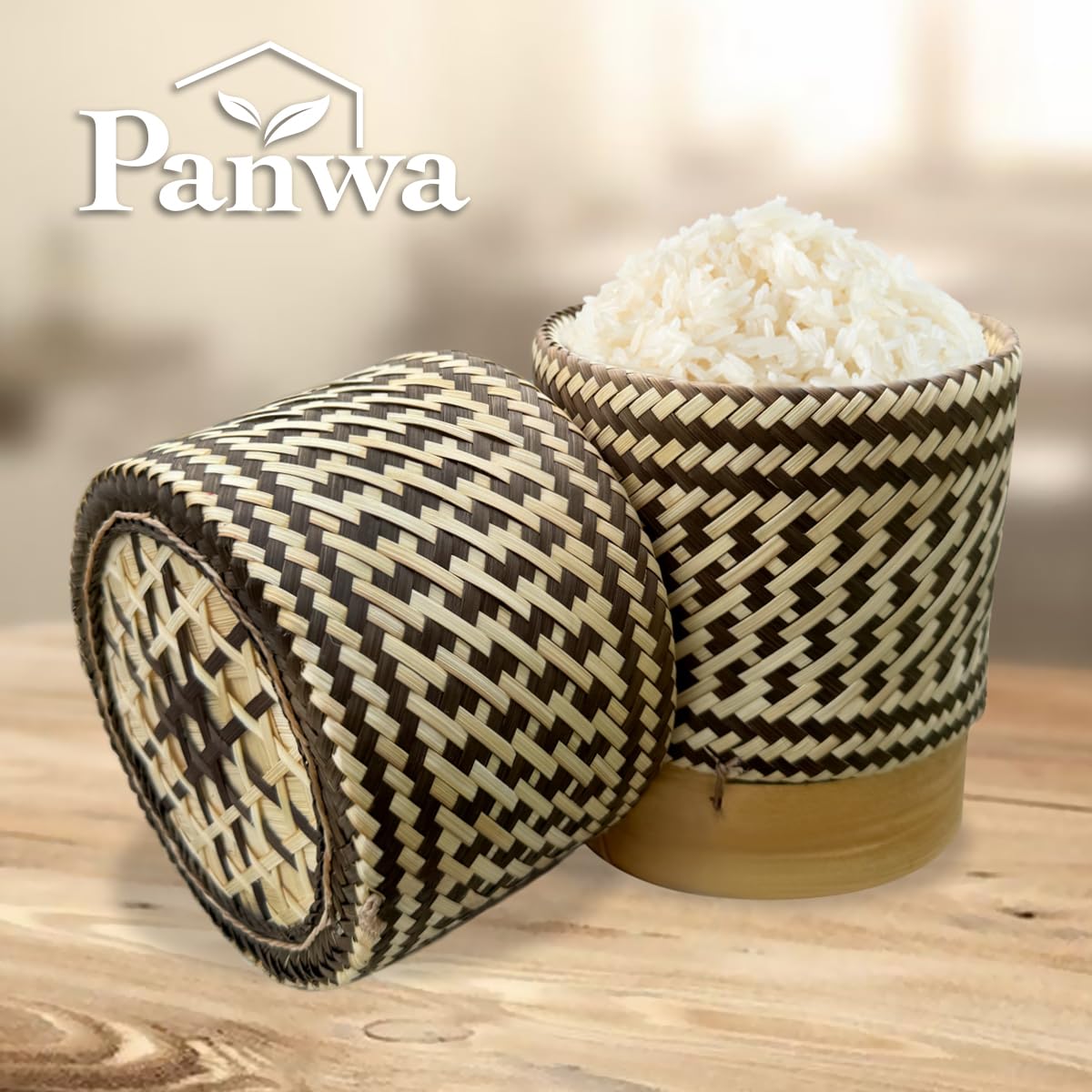 PANWA Sticky Rice Cooking Set Bamboo Steamer Basket with 24’’ Cheesecloth, Wicker lid, and Kratip Chocolate Toned