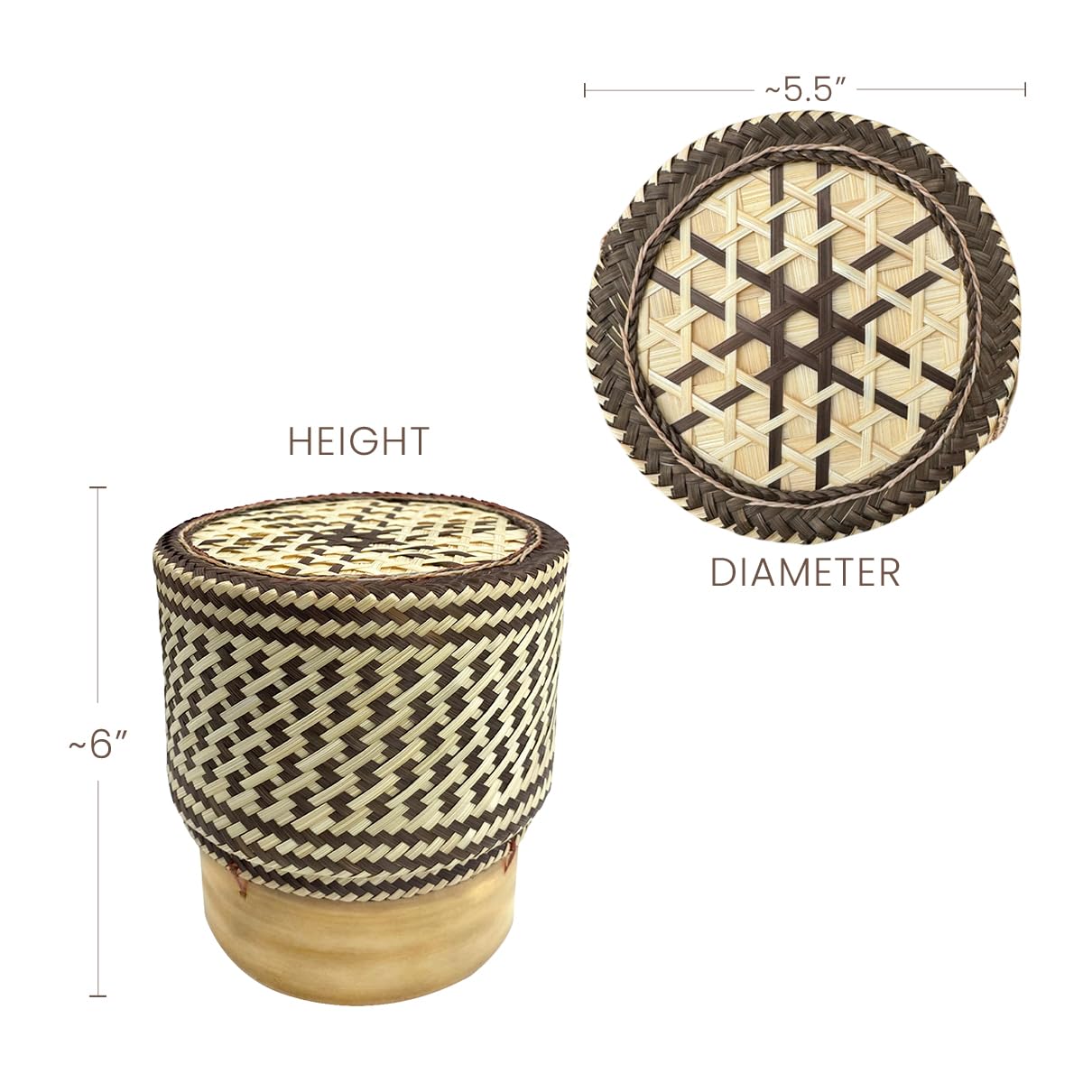 PANWA Sticky Rice Cooking Set Bamboo Steamer Basket with 24’’ Cheesecloth, Wicker lid, and Kratip Chocolate Toned