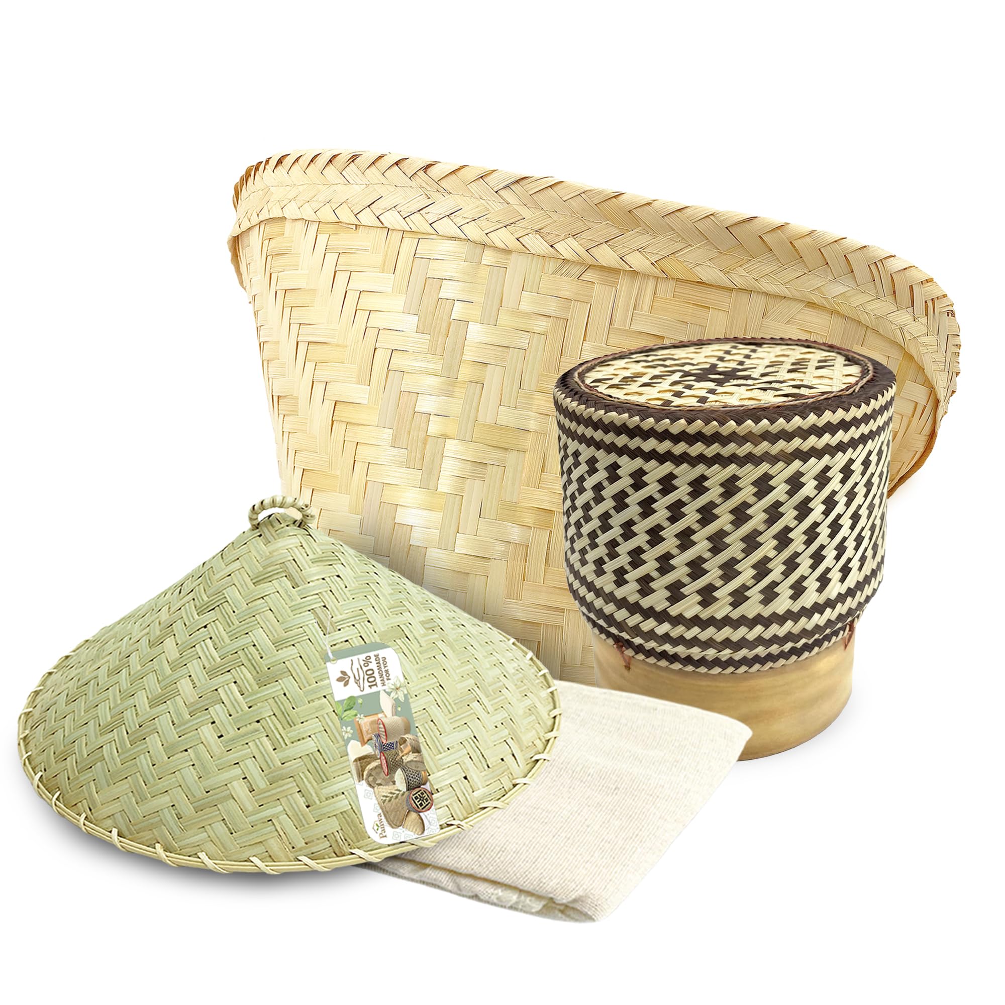 PANWA Sticky Rice Cooking Set Bamboo Steamer Basket with 24’’ Cheesecloth, Wicker lid, and Kratip Chocolate Toned