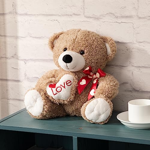 WENMOTDY Stuffed Animals Plush Toy Teddy Bear with Love Pattern Red Bow Gift for Kids Baby Lover Birthday Valentine's Day 12 Inch