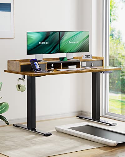 Marsail Electric Standing Desk with Dual Drawers, 48 x 24 Inches Height Adjustable Desk with Storage Shelf, Sit Stand Desk with 4 Memory Preset, 2 Storage Hooks, Stand Up Desk for Home Office,Rustic
