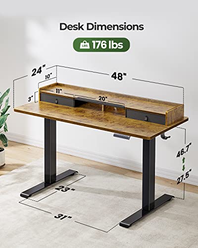 Marsail Electric Standing Desk with Dual Drawers, 48 x 24 Inches Height Adjustable Desk with Storage Shelf, Sit Stand Desk with 4 Memory Preset, 2 Storage Hooks, Stand Up Desk for Home Office,Rustic