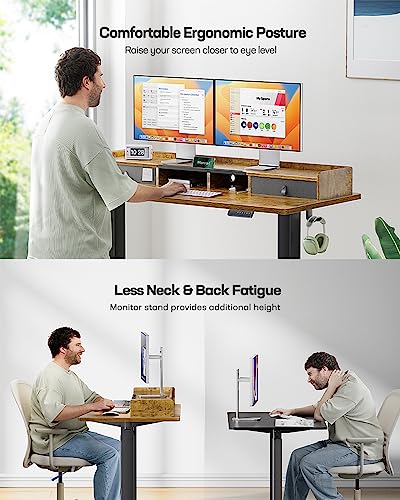 Marsail Electric Standing Desk with Dual Drawers, 48 x 24 Inches Height Adjustable Desk with Storage Shelf, Sit Stand Desk with 4 Memory Preset, 2 Storage Hooks, Stand Up Desk for Home Office,Rustic