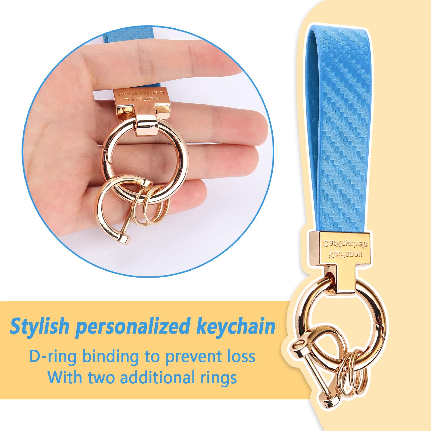 Turcee Carbon Fiber Car Keychain,Automotive Interior Accessories Keychains Leather Car Key Fob &Anti-Lost D-Ring Blue 4.9x1.36''