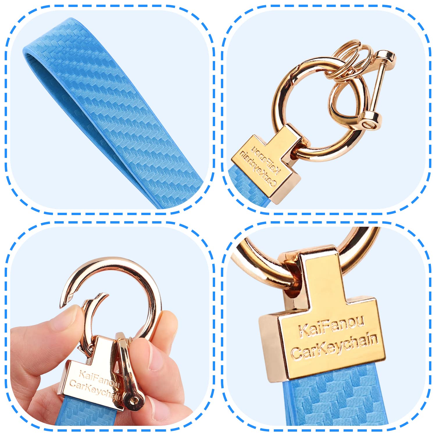 Turcee Carbon Fiber Car Keychain,Automotive Interior Accessories Keychains Leather Car Key Fob &Anti-Lost D-Ring Blue 4.9x1.36''