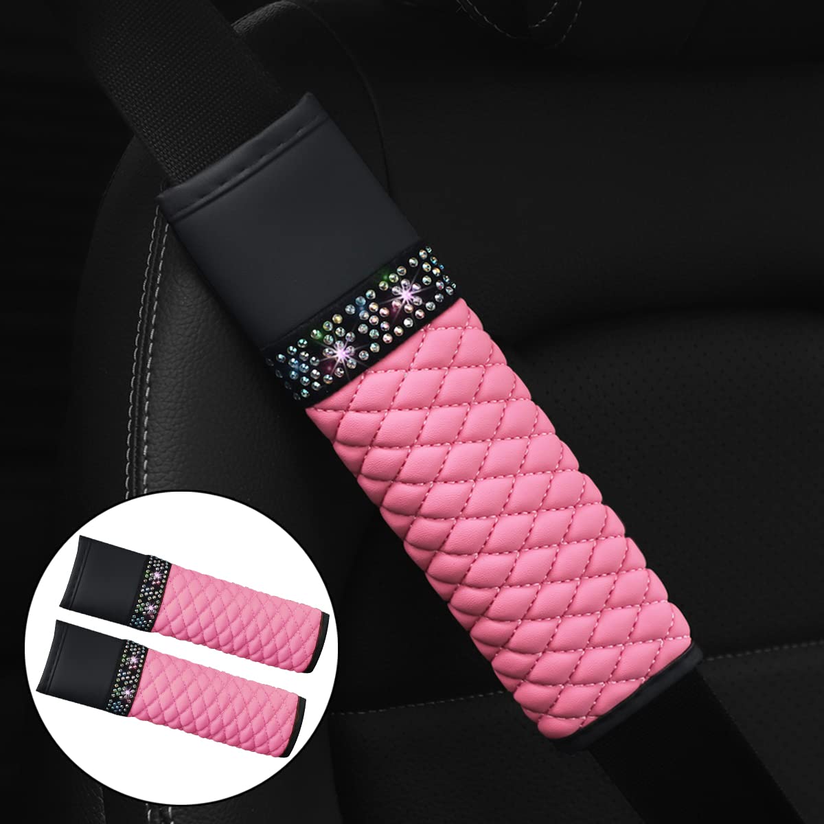 AICEL 2 Pcs Auto Seat Belt Cover, Sparkling Rhinestone Shoulder Strap for a More Comfortable Driving, Harness Pads Protect Your Neck, Accessories Compatible with All Cars and Backpack (Pink)