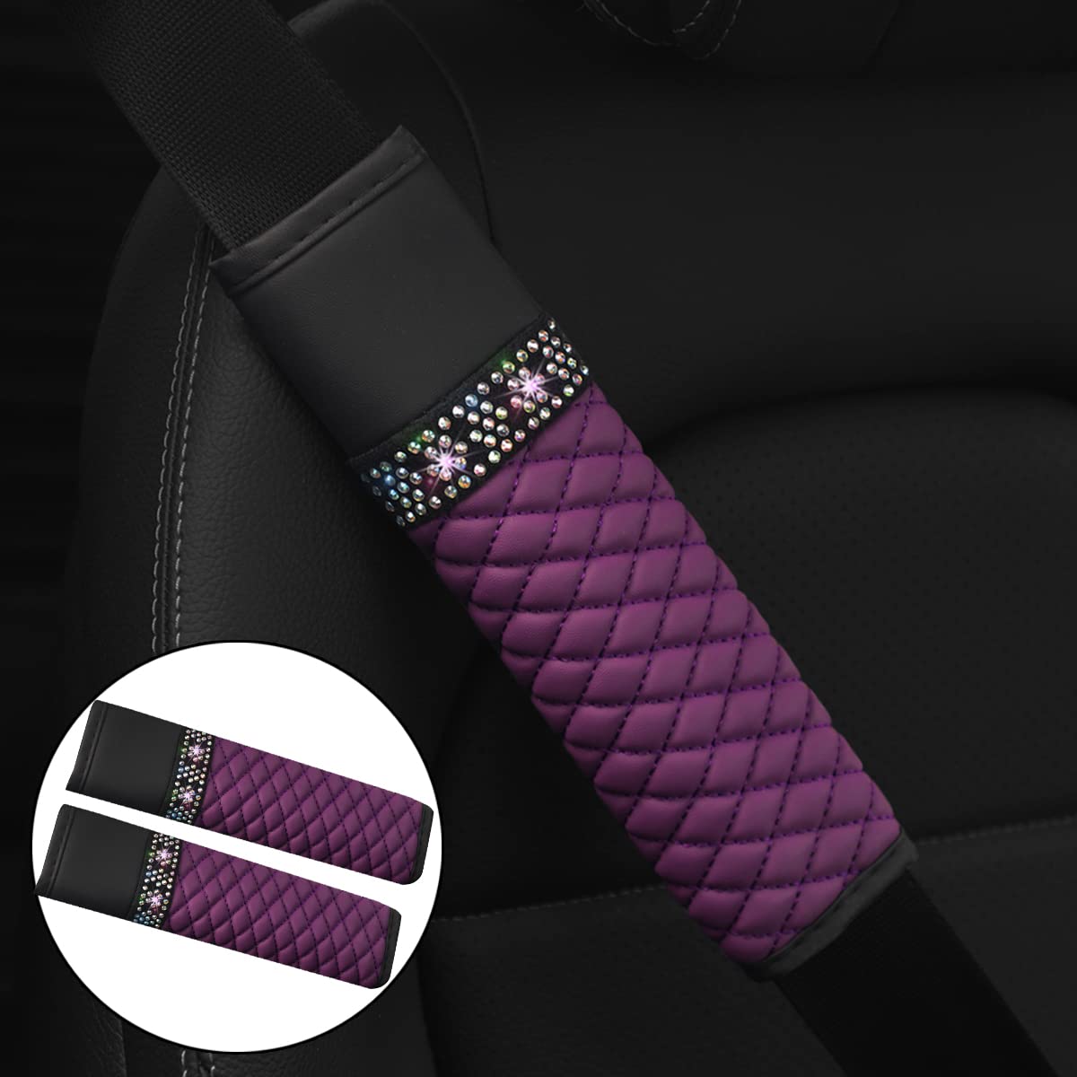 AICEL 2 Pcs Auto Seat Belt Cover, Sparkling Rhinestone Shoulder Strap for a More Comfortable Driving, Harness Pads Protect Your Neck, Accessories Compatible with All Cars and Backpack (Purple)