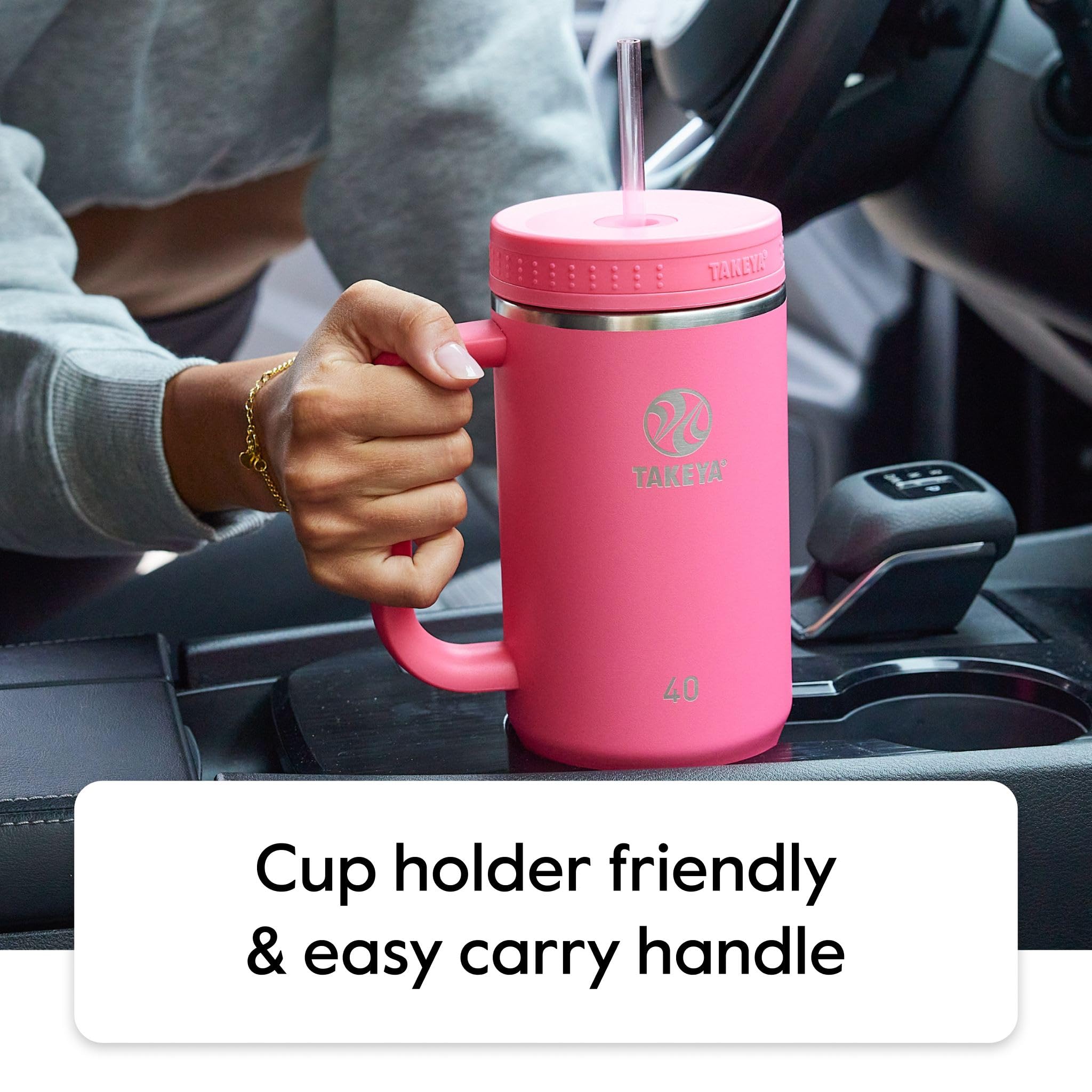 Takeya 40 oz Stainless Steel Tumbler with Lid and Two Straws, Premium Quality, Double Wall Insulated, Wiith Handle, Keep Drinks Cold for Up to 24 Hours, Onyx