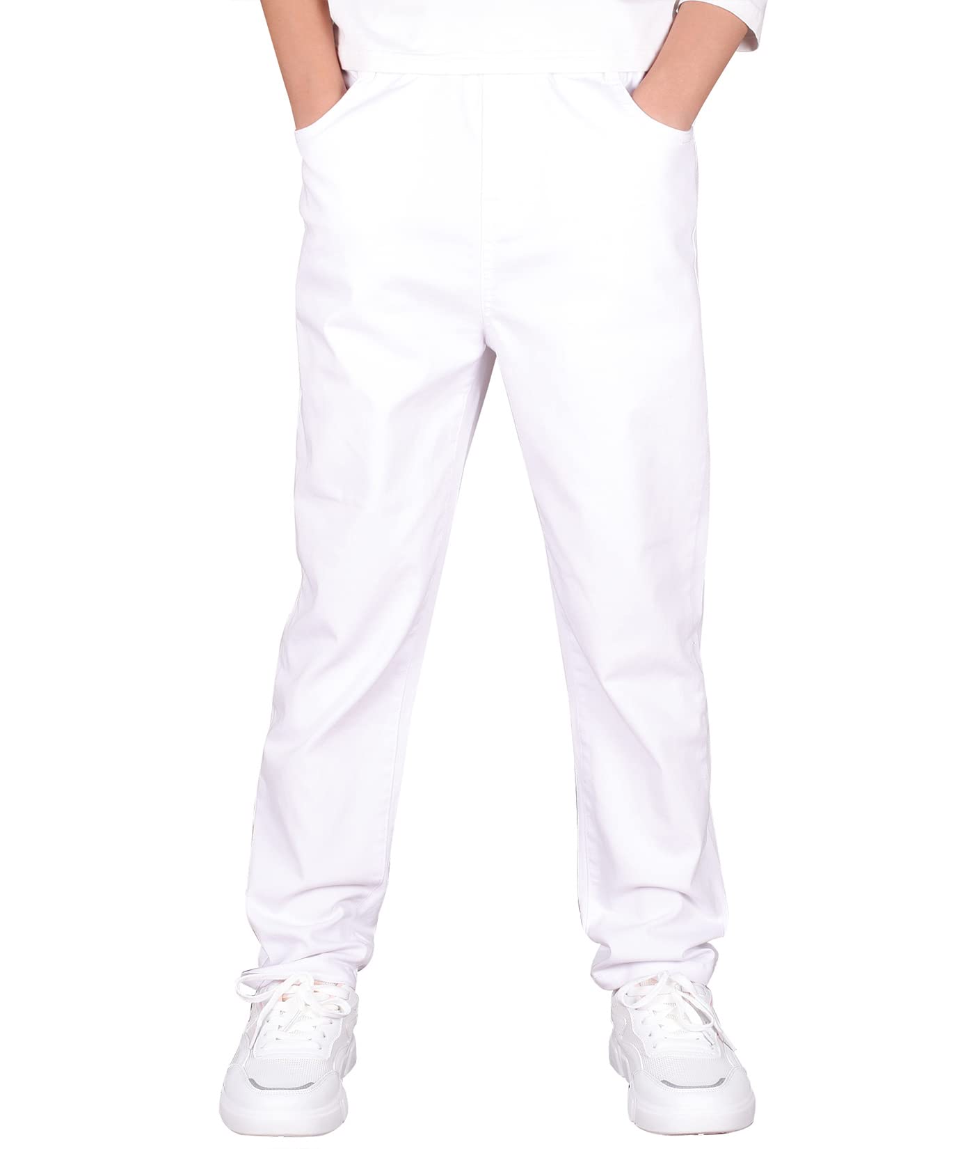 CAMLAKEE Boys' Stretch Pull on Chino Pants Kids School Uniform Yonth Twill Pants White 6-7 Years