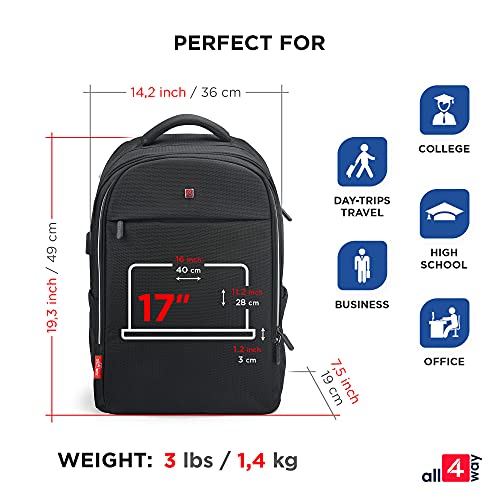 all4way Premium Laptop Backpack for Women Men - USB Quick Charge RFID 17"- Swiss Design Anti-Theft, Waterproof with Rain Cover for Business Travel College - Durable & Soft 1680d Polyester