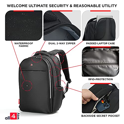 all4way Premium Laptop Backpack for Women Men - USB Quick Charge RFID 17"- Swiss Design Anti-Theft, Waterproof with Rain Cover for Business Travel College - Durable & Soft 1680d Polyester