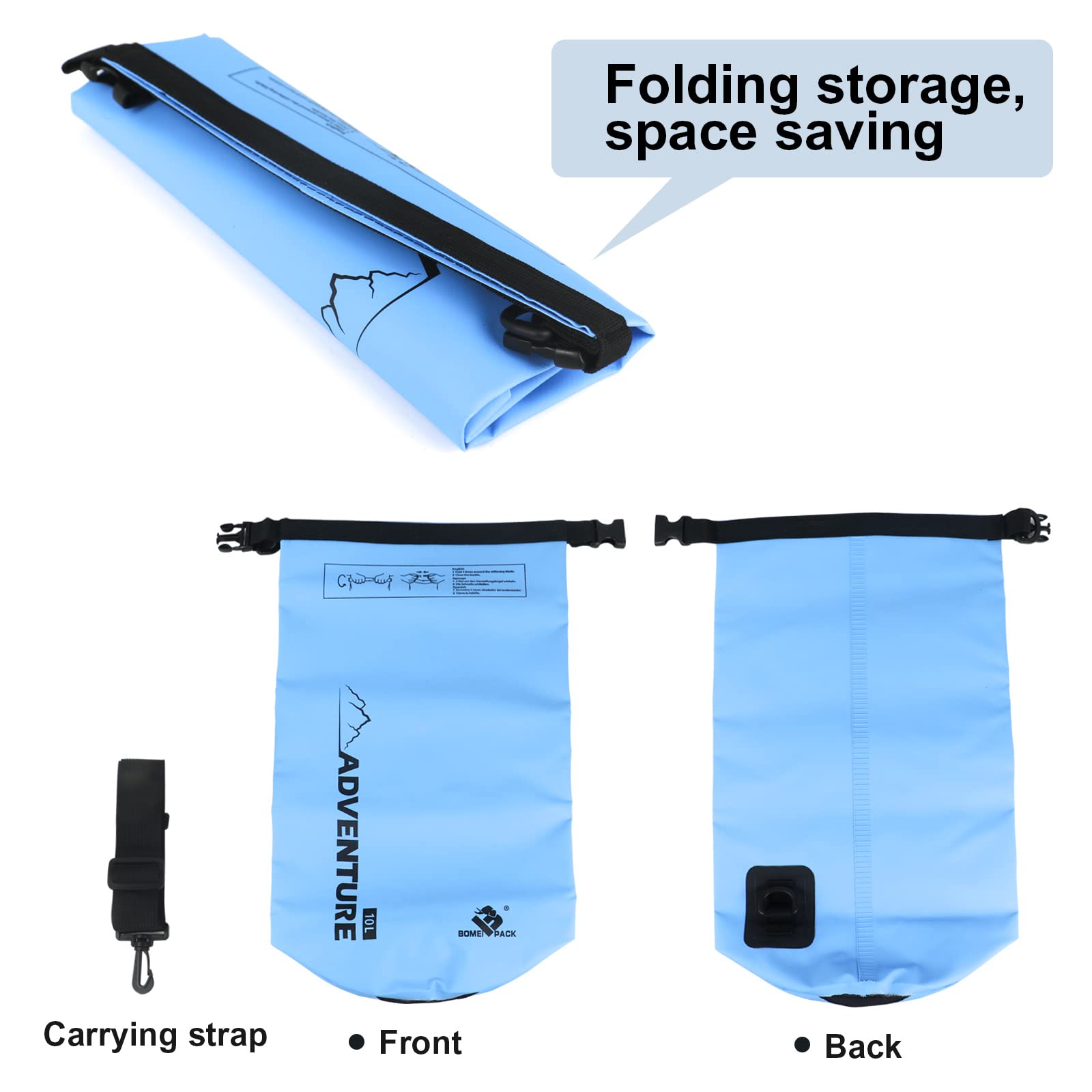 BOMEI PACK - Blue Waterproof Dry Bag for Kayaking, Beach, Rafting, Boating, Hiking, Camping and Fishing