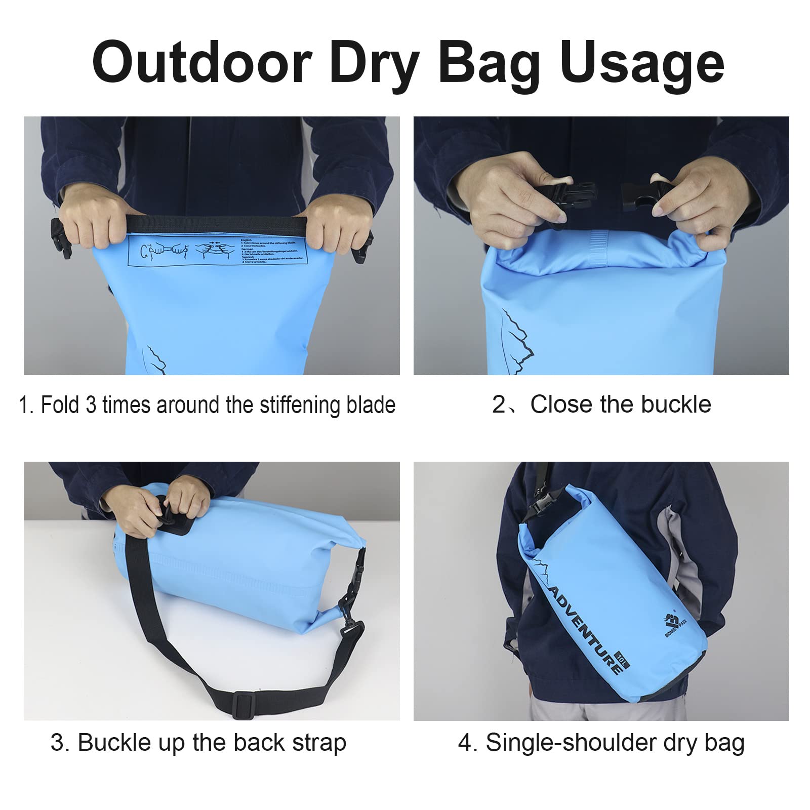 BOMEI PACK - Blue Waterproof Dry Bag for Kayaking, Beach, Rafting, Boating, Hiking, Camping and Fishing
