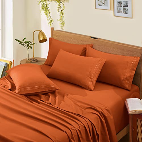 Horbaunal Extra Deep Pocket Twin Sheets - Fits Mattress 18-24 Inches Deep - 4 Pieces Hotel Luxury 1800 Thread Count Microfiber Sheet Set - Ultra Soft Burnt Orange Twin Size Bed Sheets