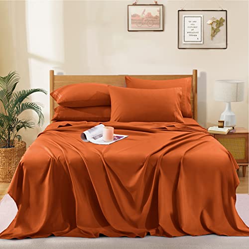 Horbaunal Extra Deep Pocket Twin Sheets - Fits Mattress 18-24 Inches Deep - 4 Pieces Hotel Luxury 1800 Thread Count Microfiber Sheet Set - Ultra Soft Burnt Orange Twin Size Bed Sheets