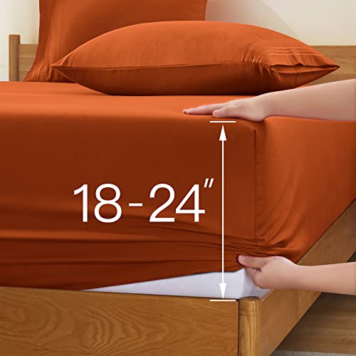 Horbaunal Extra Deep Pocket Twin Sheets - Fits Mattress 18-24 Inches Deep - 4 Pieces Hotel Luxury 1800 Thread Count Microfiber Sheet Set - Ultra Soft Burnt Orange Twin Size Bed Sheets