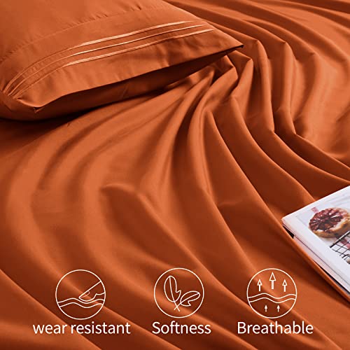 Horbaunal Extra Deep Pocket Twin Sheets - Fits Mattress 18-24 Inches Deep - 4 Pieces Hotel Luxury 1800 Thread Count Microfiber Sheet Set - Ultra Soft Burnt Orange Twin Size Bed Sheets