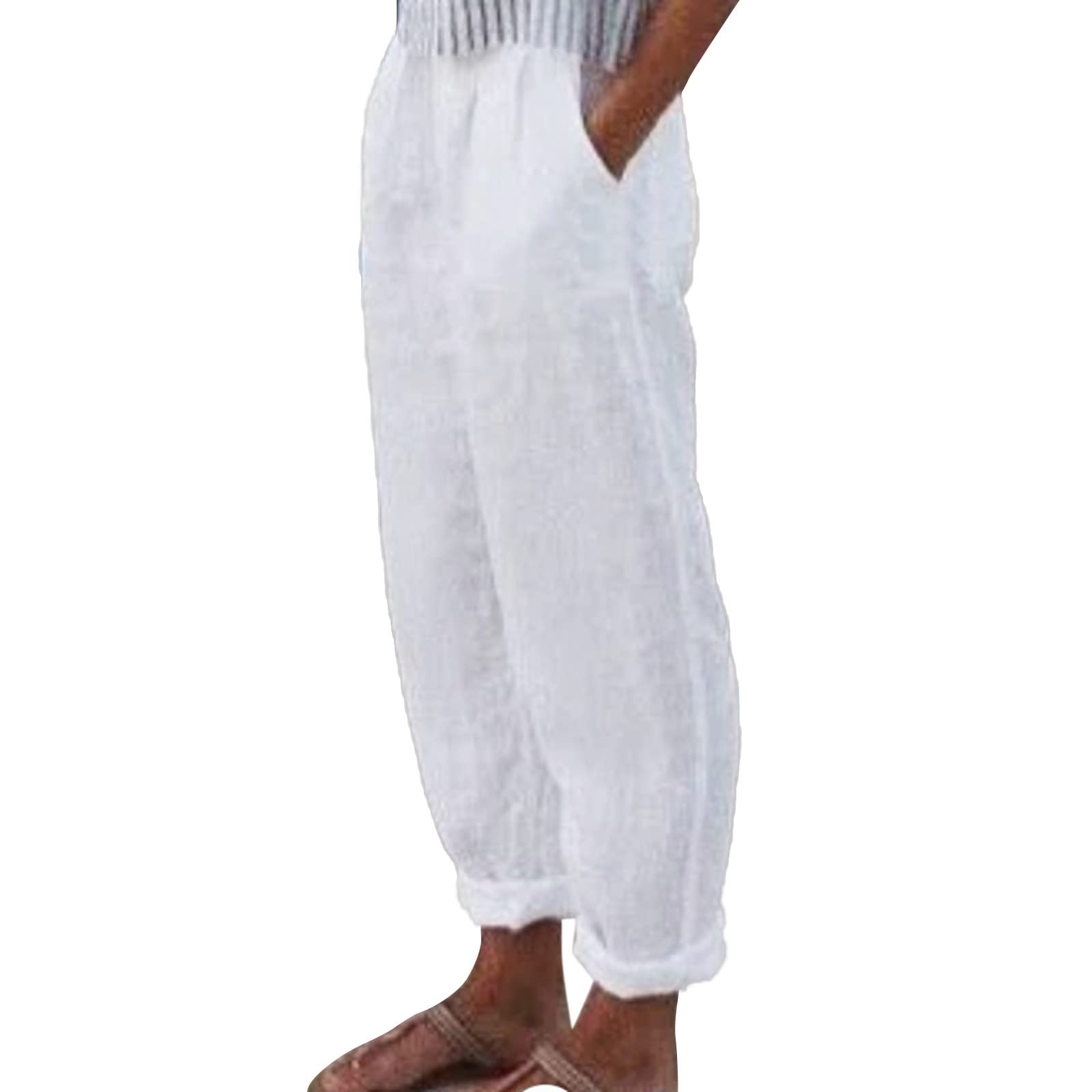 MEKOUIYE Clearance Women's Linen Boho Harem Pants Summer Wide Leg Loose Capris Pants Beach Yoga Trousers Pockets Pluse Size A-White
