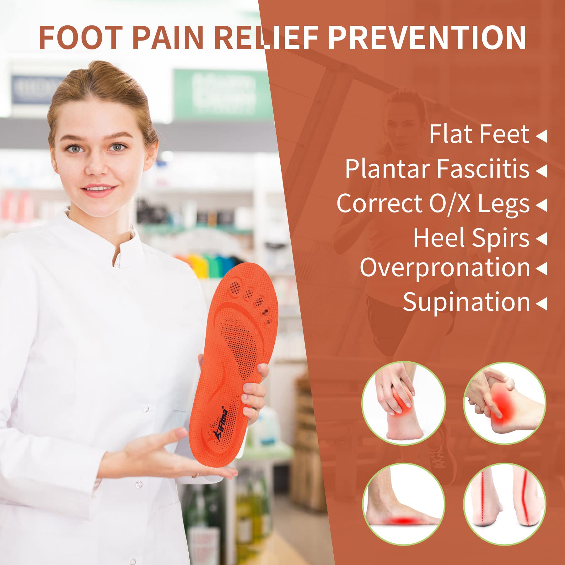 STSVZORR High Arch Support Insert Plantar Fasciitis Flat Foot Orthopedic Pain Relief Insole Men Women Standing All Day,Size US-12,length-30.5cm,Bright Orange