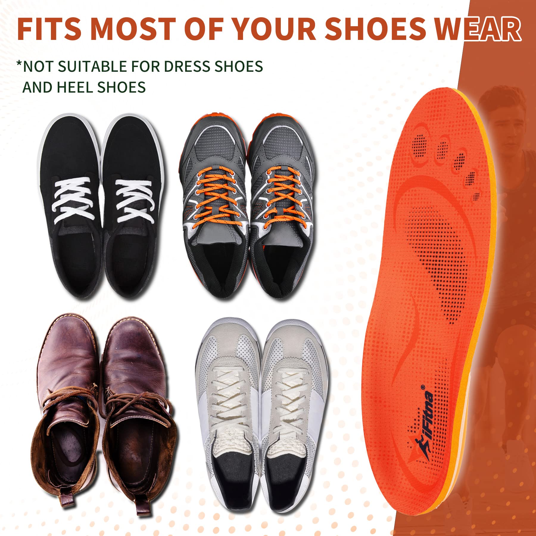 STSVZORR High Arch Support Insert Plantar Fasciitis Flat Foot Orthopedic Pain Relief Insole Men Women Standing All Day,Size US-12,length-30.5cm,Bright Orange