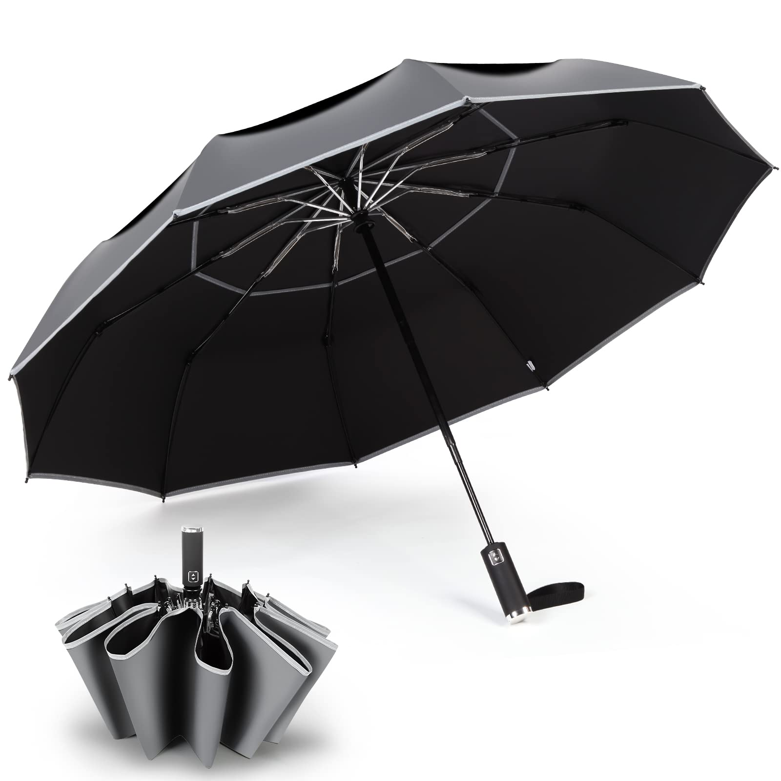 Umbrellas for Rain Windproof Travel Umbrella Folding Portable Compact Umbrella with Automatic Open Close for Men and Women Gray Reflective 46