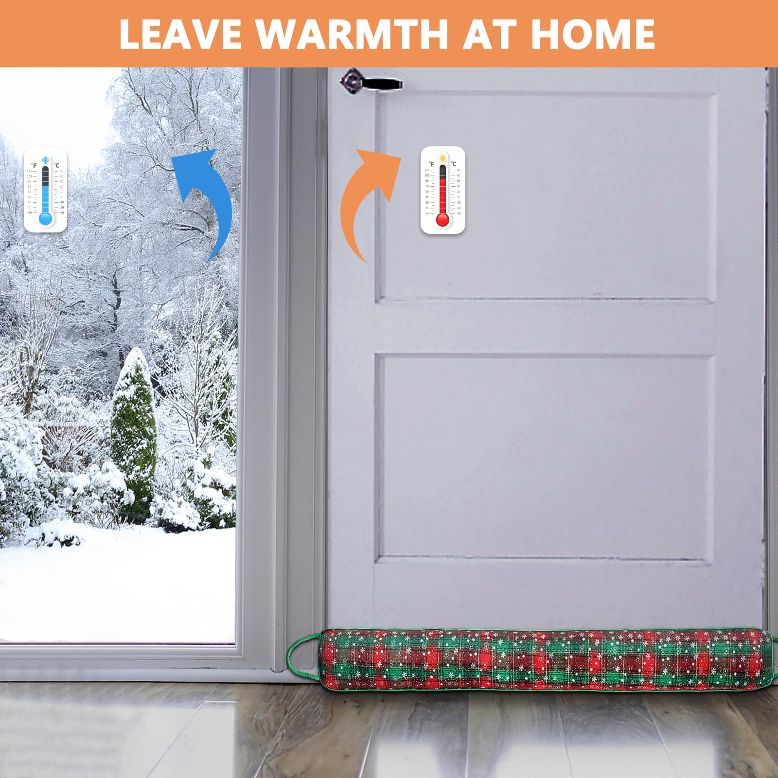 Triangle Under Door Draft Stopper Noise Blocker 30 Inches for Door Bottom Air Seal Insulation and Soundproof, Heavy Duty Weather Guard Snake Stripping, Tartan Check Green and Snowflake