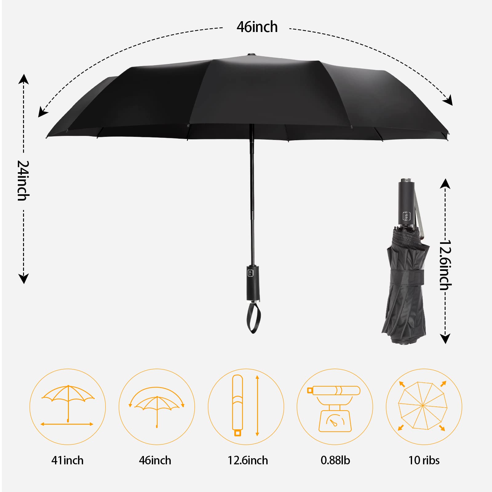 Zrvek Compact Travel Windproof Umbrella Auto Open Close Collapsible Folding Umbrellas Portable Umbrellas for Rain Black 46