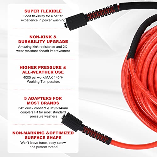 Pressure Washer Hose 1/4”, 4000 PSI Ultra Flexible Kink Resistant Replacement Hose M22 14mm Thread, High Pressure Extension Hose with 3/8 Quick Connect Adapters for Power Washing