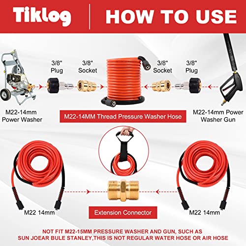 Pressure Washer Hose 1/4”, 4000 PSI Ultra Flexible Kink Resistant Replacement Hose M22 14mm Thread, High Pressure Extension Hose with 3/8 Quick Connect Adapters for Power Washing