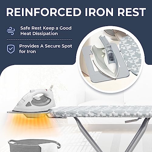 STO STO Ironing Board 45" x 14" with Iron Holder, Adjustable Height 29" to 36", Full Size Foldable Iron Board with Silver Coated Cotton Removable Cover, Sturdy Steel Frame and Legs, Grayish Blue Plaid